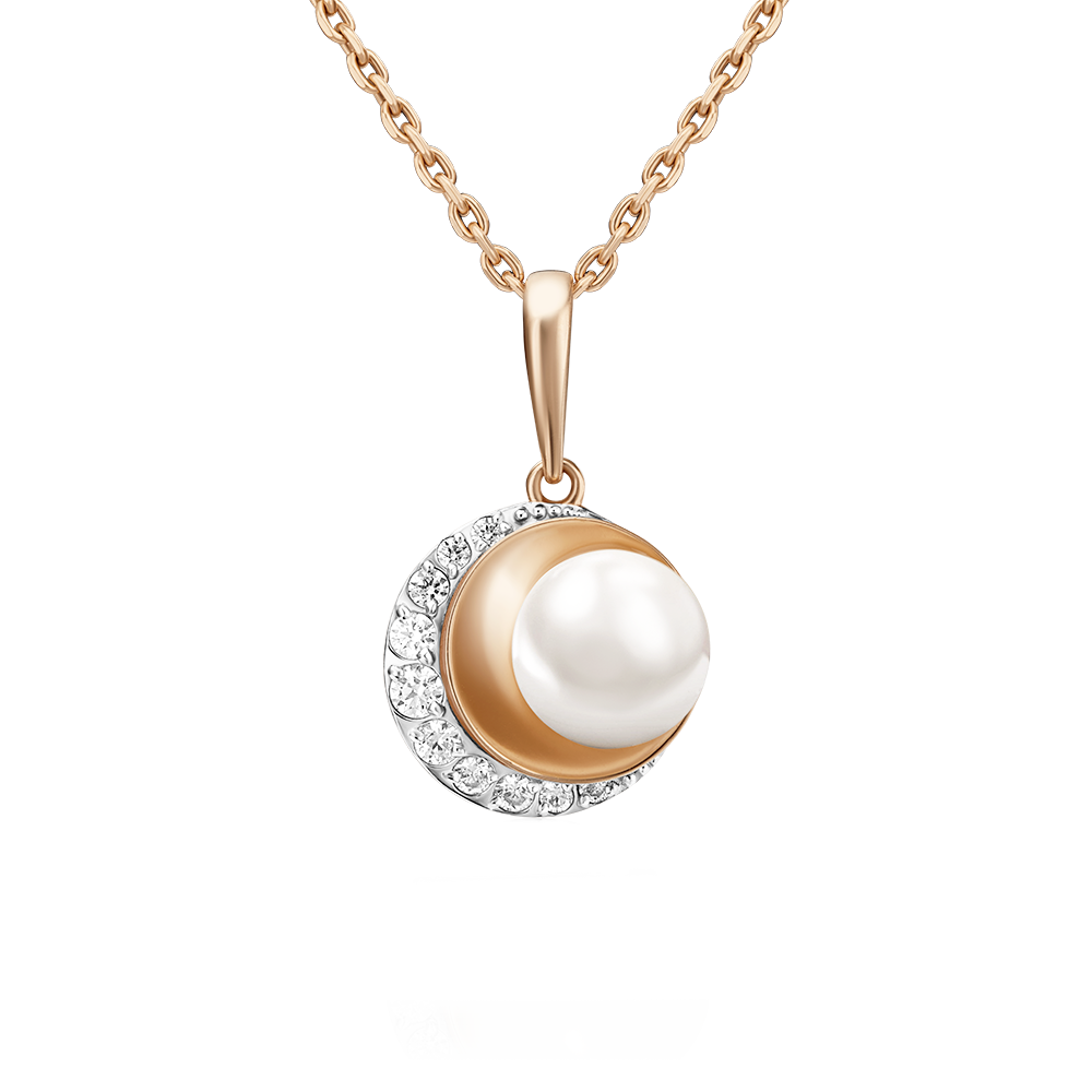 Pendant in red gold of 585 assay value with natural pearl and zirconia